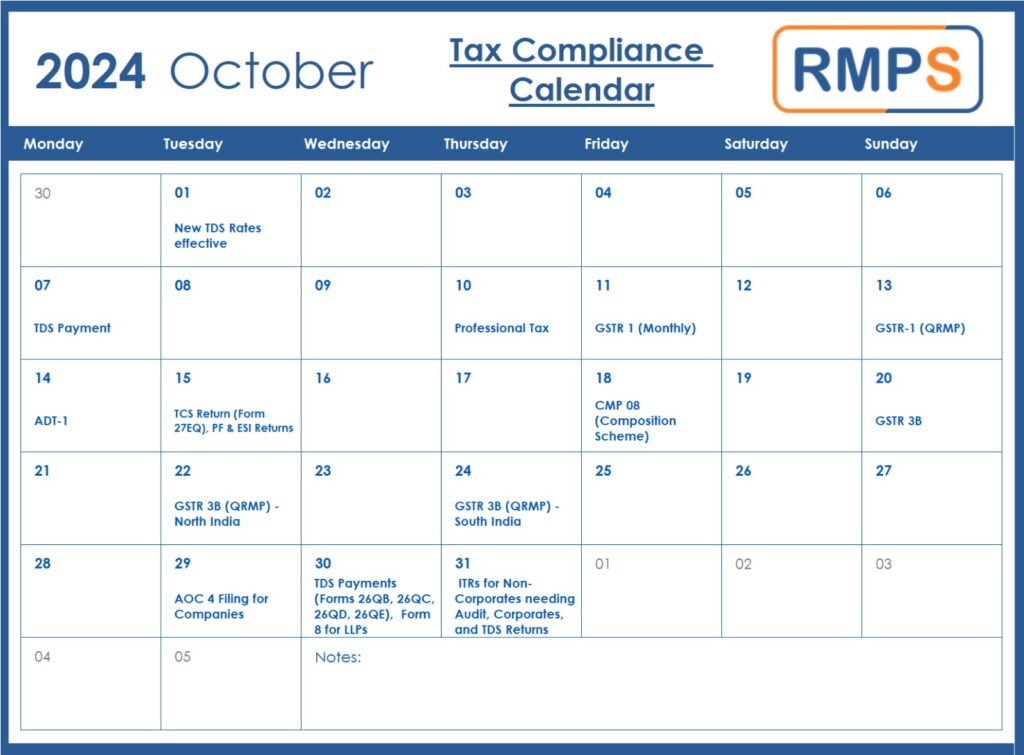 October 2024 Tax Calendar: Key Dates for Compliance - RMPS | Virtual ...